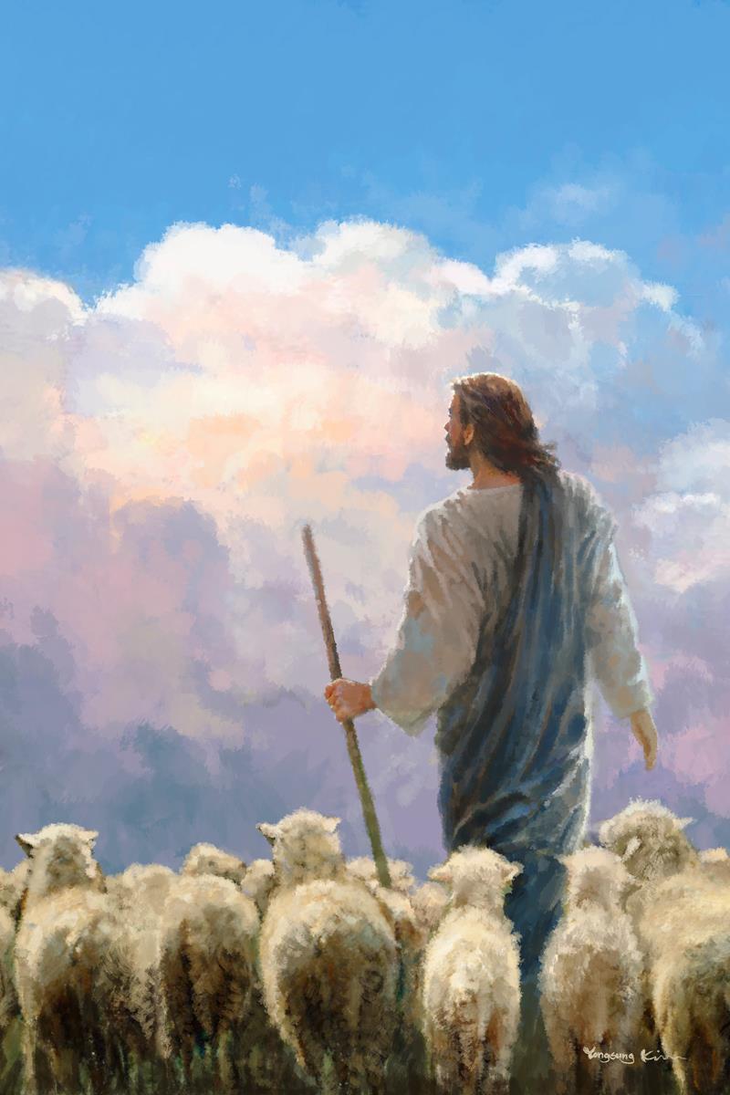 In His Keeping by Yongsung Kim Jesus Christ white robe blue robe staff ...